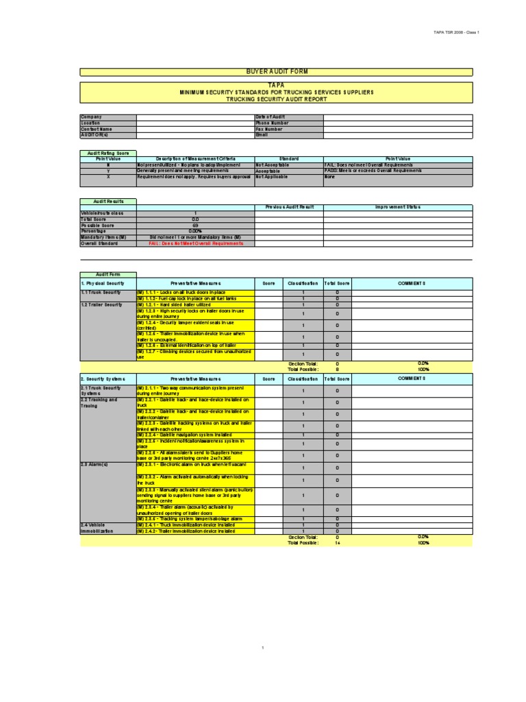 TAPA TSR 2008 Audit Form PDF | Download Free PDF | Security Alarm | Truck