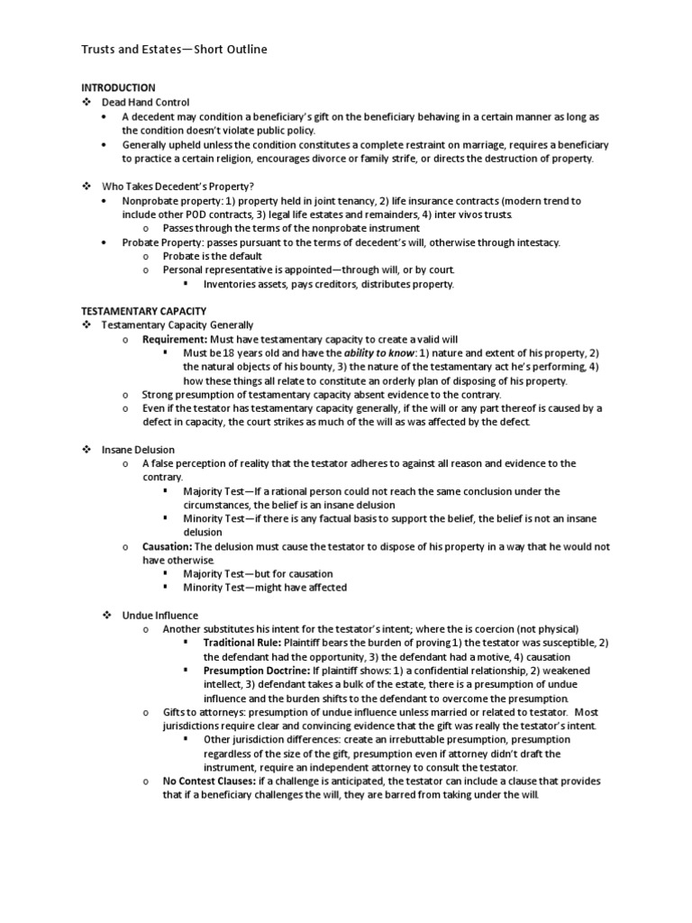 Trusts and Estates: Short Outline | PDF | Will And Testament | Trust Law