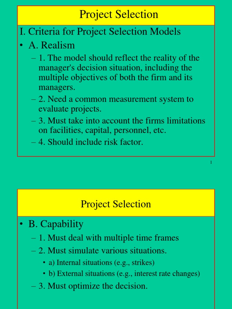 Project Selection: I. Criteria For Project Selection Models - A ...