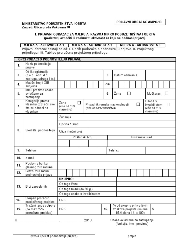 Prijavni Obrazac Mjera A1 A2 I A3 | PDF