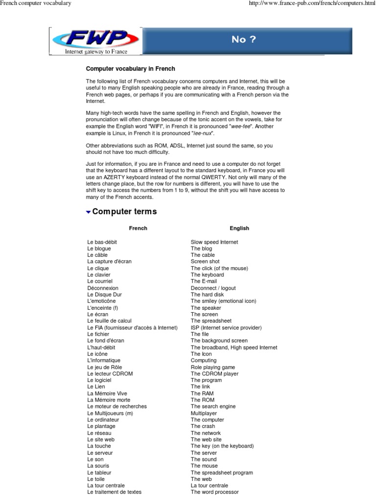French Computer Vocabulary | PDF | Internet | Computer Keyboard