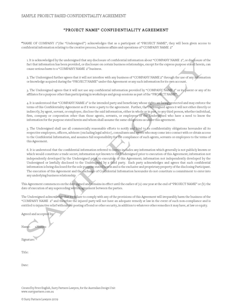 Sample Project Confidentiality Agreement | PDF | Confidentiality | Non ...