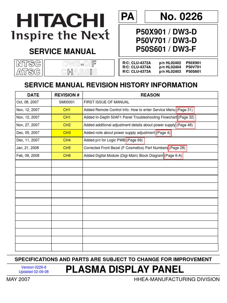 Hitachi P50S601 P50V701 P50X901 Chass DW3 D F | PDF | Power Supply ...