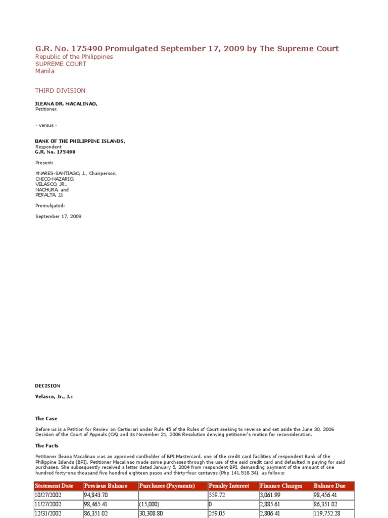 Supreme Court Ruling on BPI Credit Card Debt | PDF | Complaint | Interest