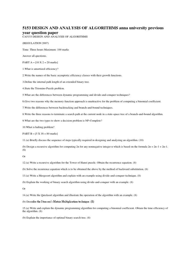 5153 DESIGN and ANALYSIS of ALGORITHMS Anna University Previous Year ...