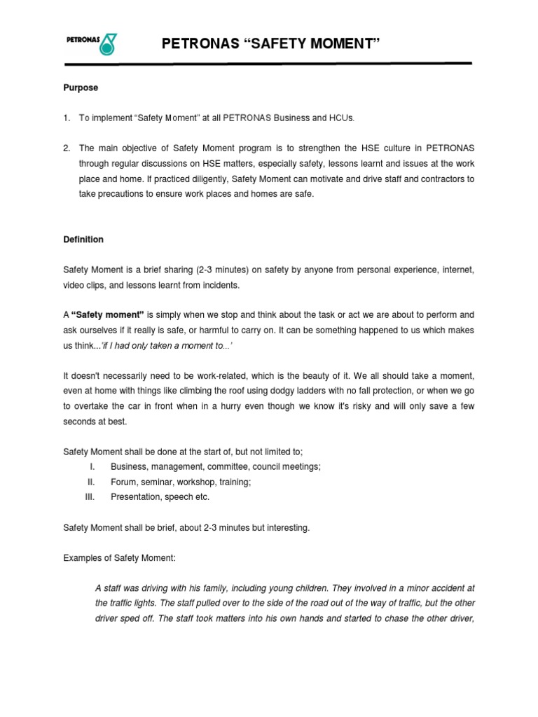 Guideline On PETRONAS Safety Moment | PDF | Safety | Traffic