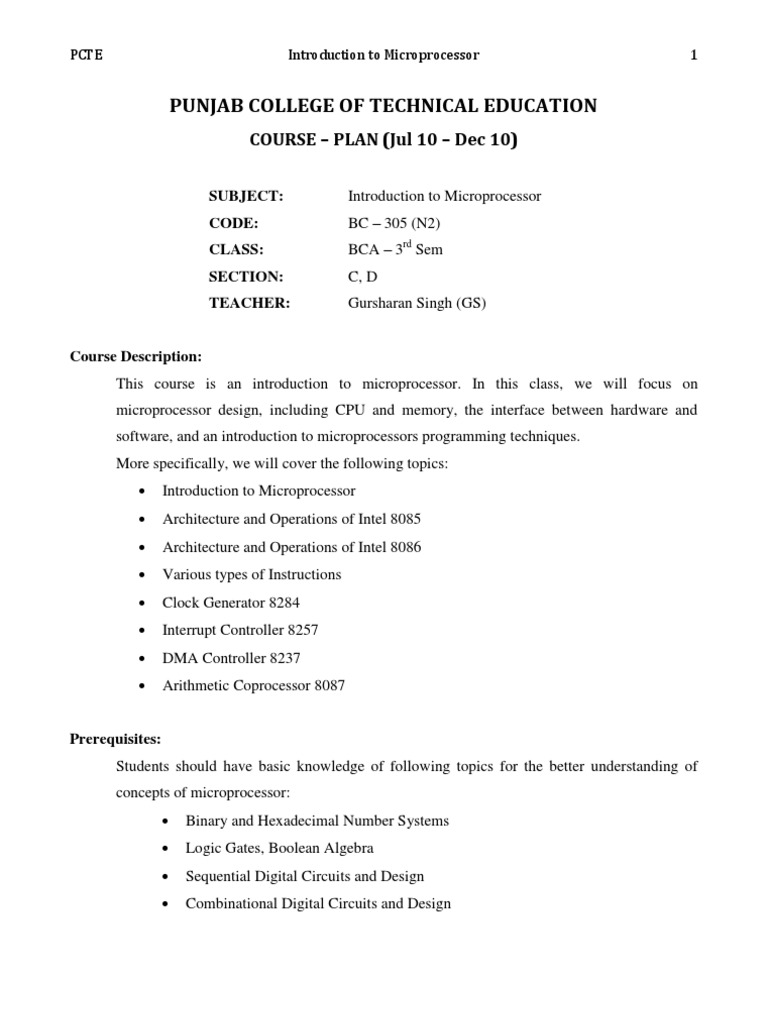 Introduction to Microprocessor Course Plan | PDF | Instruction Set | Central Processing Unit