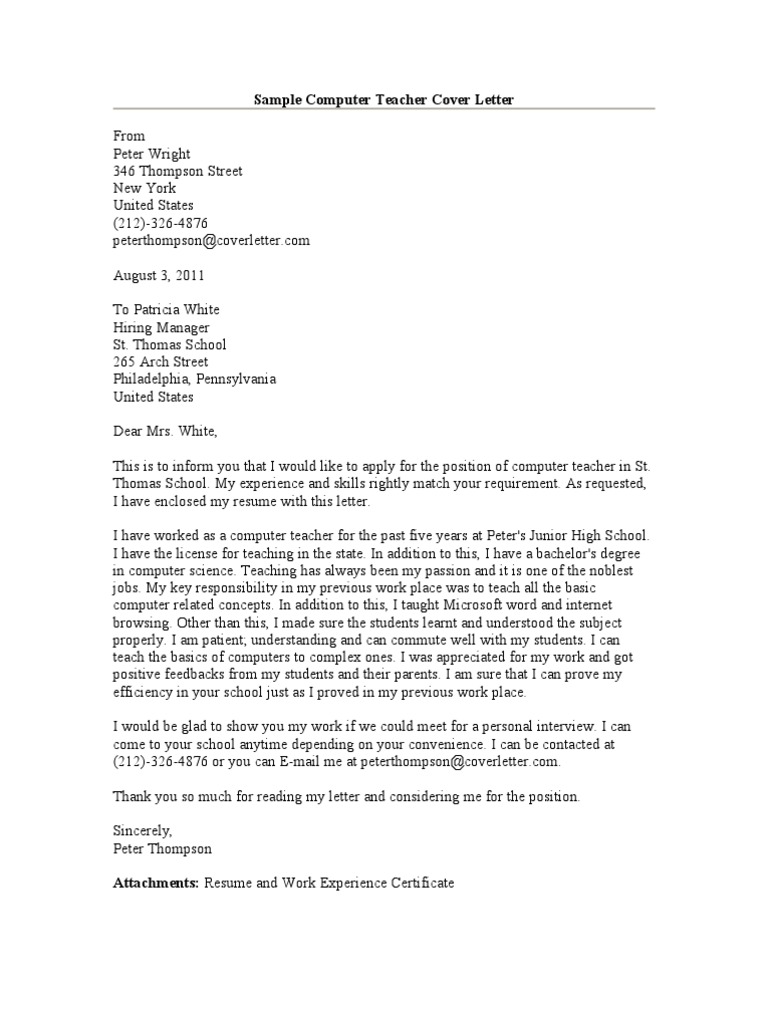 Sample Computer Teacher Cover Letter | PDF | Résumé | Teachers