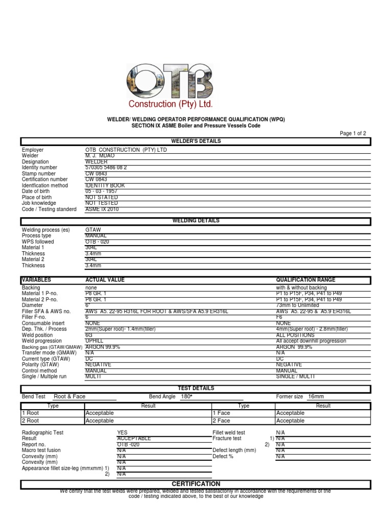 WPQ Template (Asme Ix) No Logo | PDF | Welding | Construction