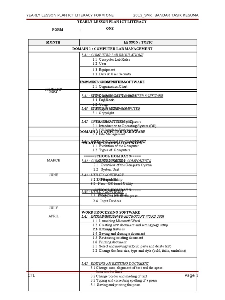 Yearly Lesson Plan Form 1 | PDF | Operating System | Microsoft Word