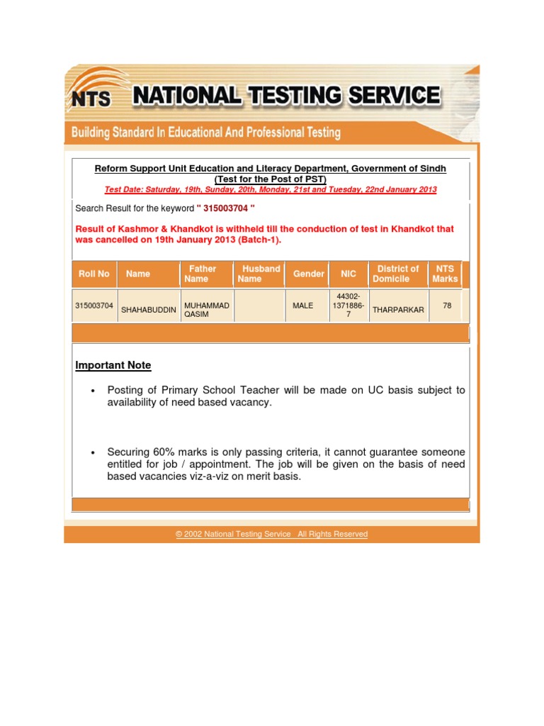 PST Result Sheet | PDF