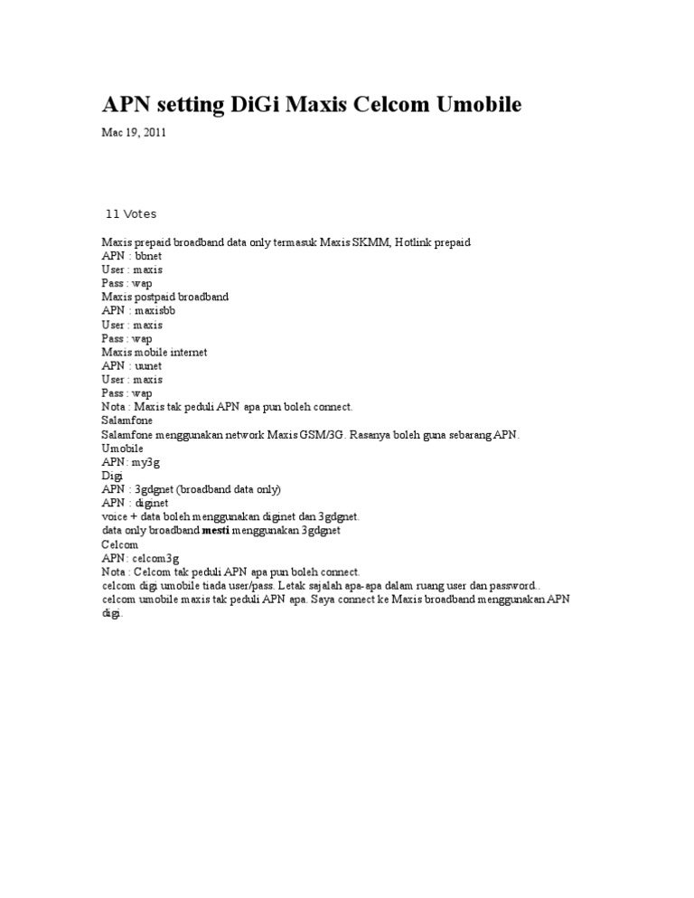 APN Setting DiGi Maxis Celcom Umobile | PDF