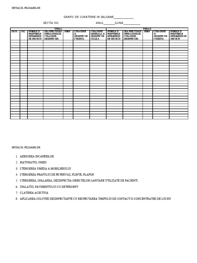 Grafic de Curatenie in Saloane