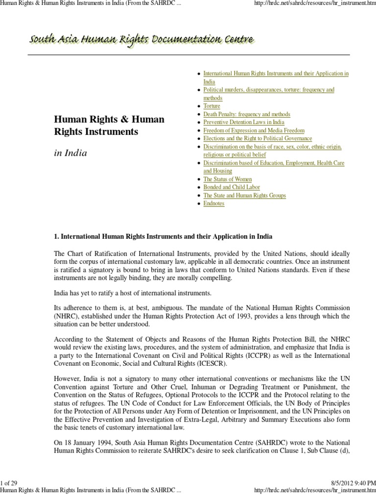 Human Rights & Human Rights Instruments in India (From The SAHRDC ...
