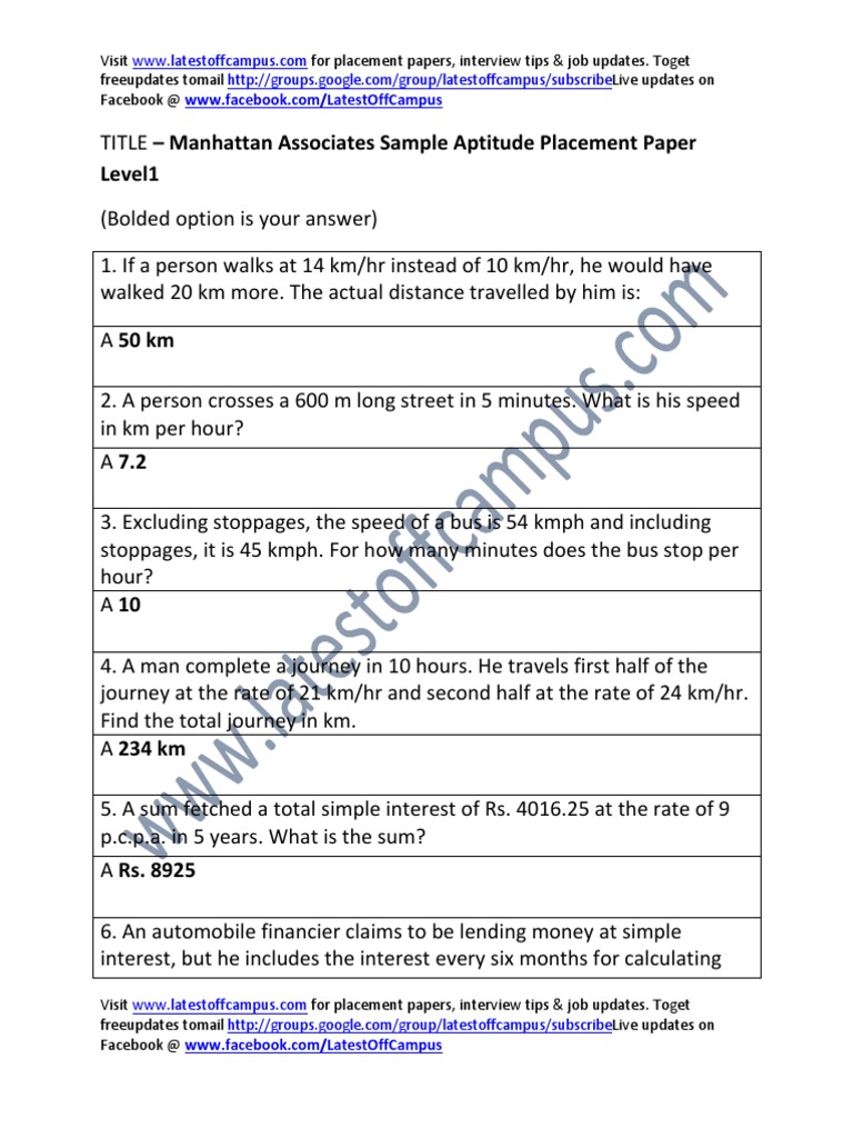 Manhattan Associates Sample Aptitude Placement Paper Level1 | PDF ...
