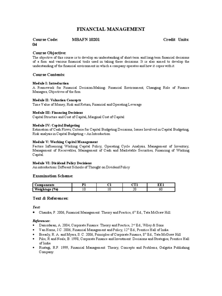 Financial Management: Course Code: MBAFN 10201 Credit Units: 04 Course ...