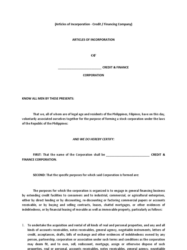Articles of Incorporation Template | PDF | Corporations | Stocks
