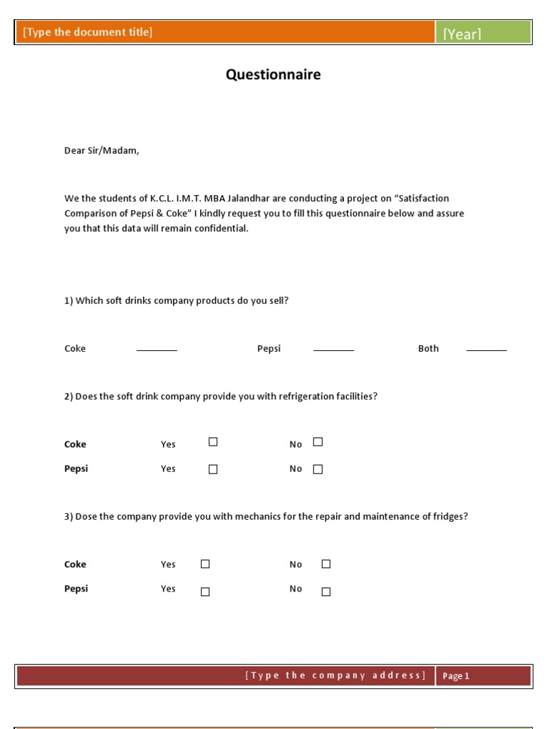 Questionnaire | PDF | Coca Cola | Pepsi