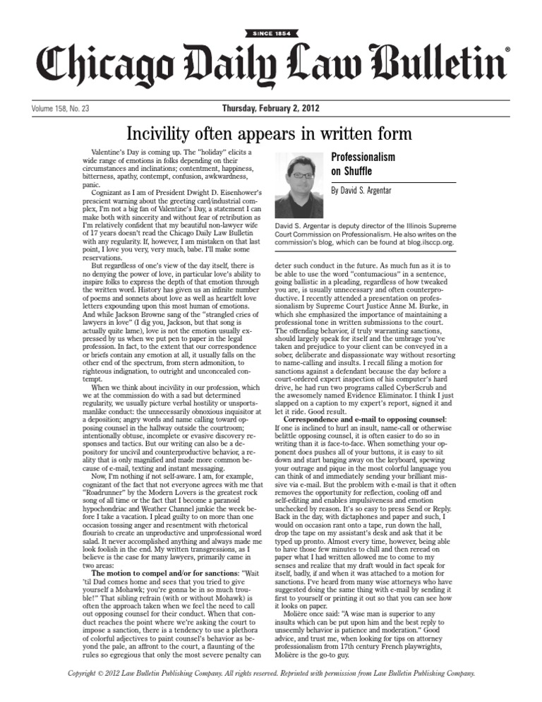 Chicago Daily Law Bulletin "Professionalism On Shuffle" Column ...