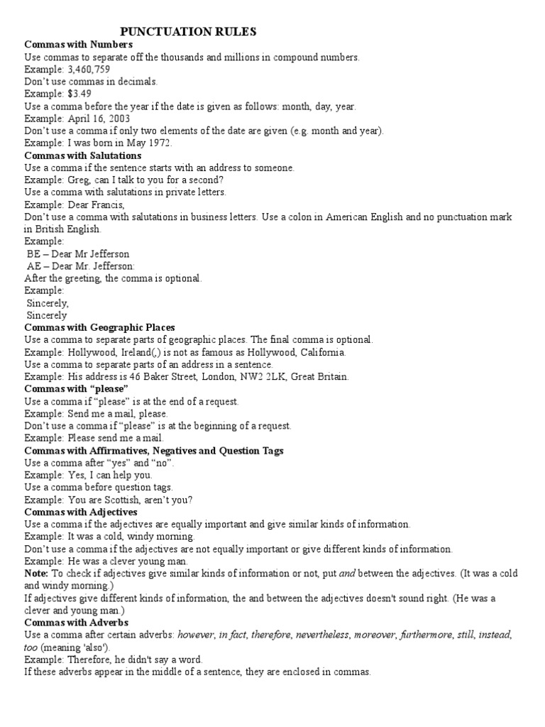 Punctuation Rules | PDF | Comma | Sentence (Linguistics) Punctuation Rules | PDF | Comma | Sentence (Linguistics)