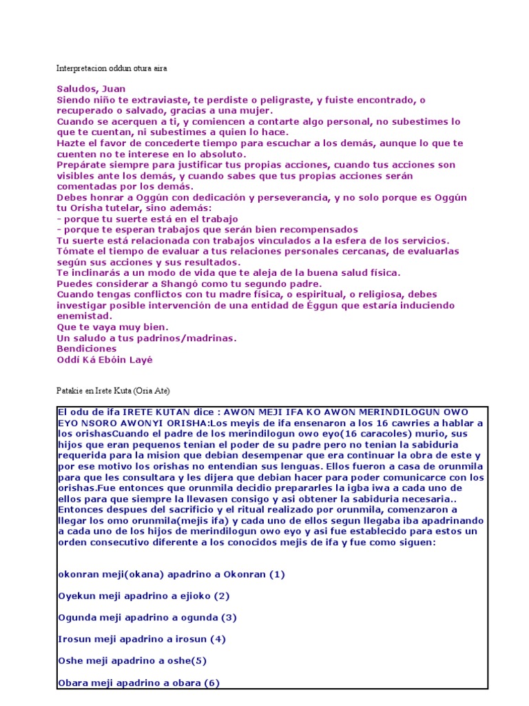 Interpretacion Oddun Otura Aira y Irete Kutan | PDF | Santeria | Mitología
