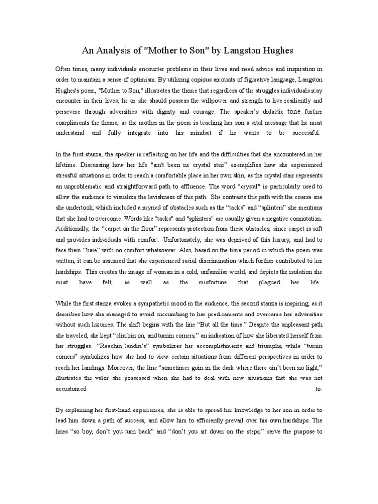 An Analysis of Langston Hughes' Mother To Son | PDF | Psychological ...