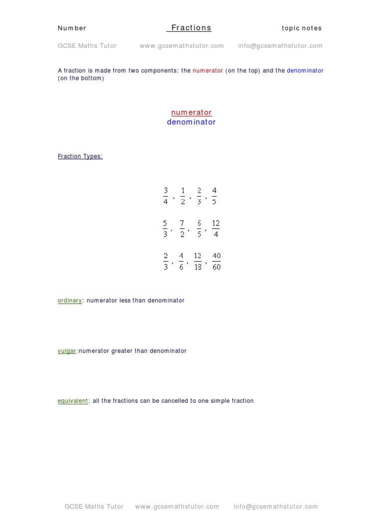 Revise Fractions - Topic Notes - Provided by GCSE Maths Tutor | PDF ...