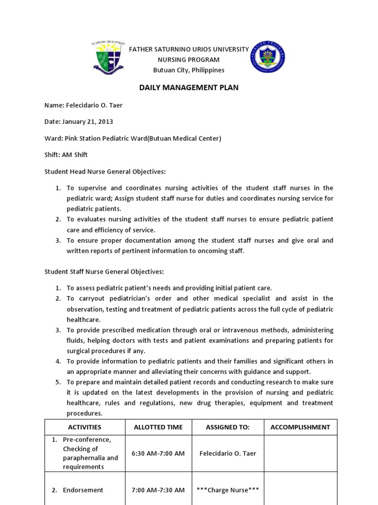 Daily Management Plan - 1 | PDF | Nursing | Pediatrics