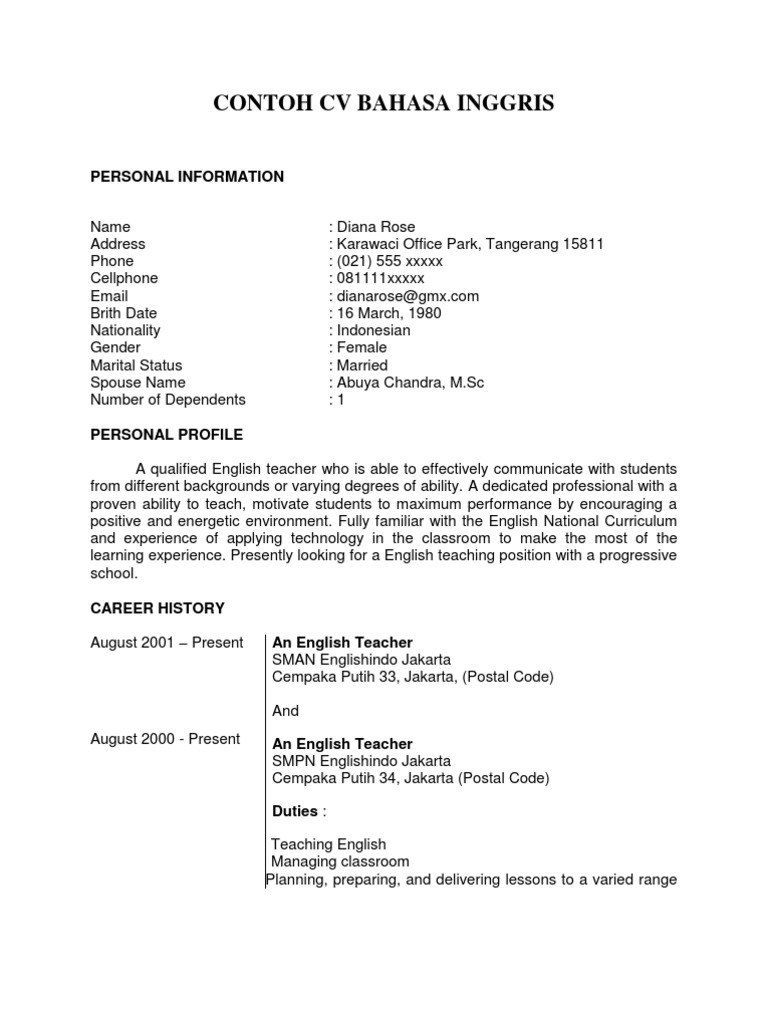 Contoh CV Bahasa Inggris | PDF | Indonesian Language | English Language