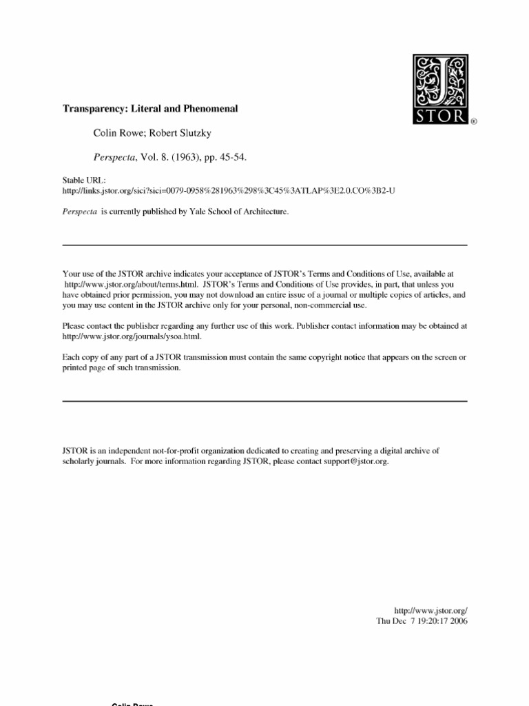 Transparency: Literal and Phenomenal Colin Rowe Robert Slutzky | PDF