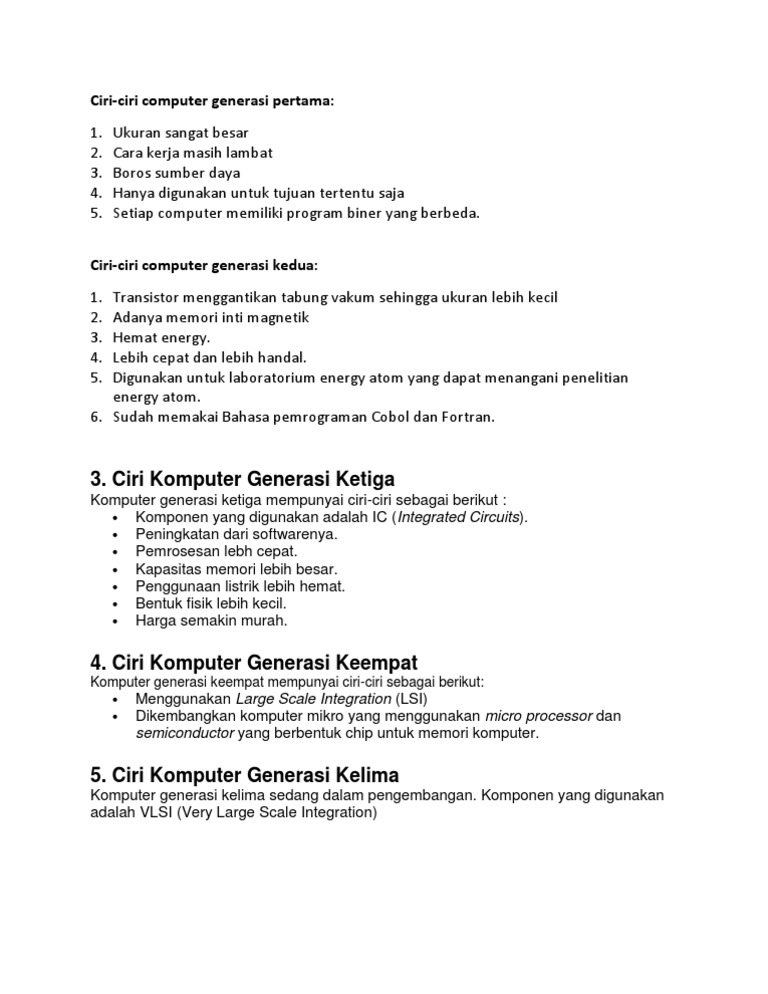 Ciri Komputer Daru Generasi Ke Generasi | PDF
