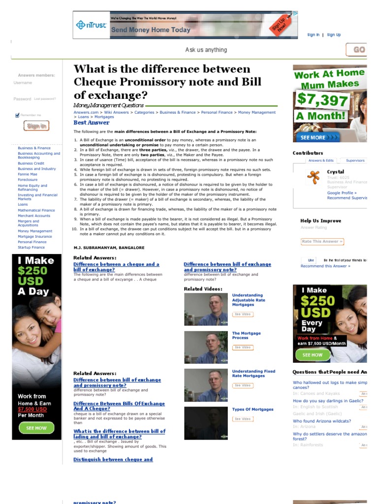 Difference Between Cheque Promissory Note and Bill of Exchange | PDF ...