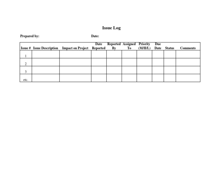 Project Issue Log Template | PDF