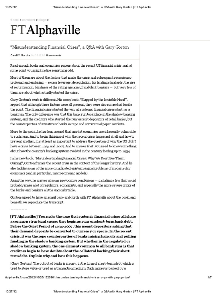 "Misunderstanding Financial Crises", A Q&A With Gary Gorton - FT Alphaville | PDF | Financial ...