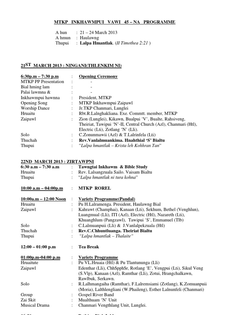 MTKP Inkhawmpui 2013 Programme | PDF