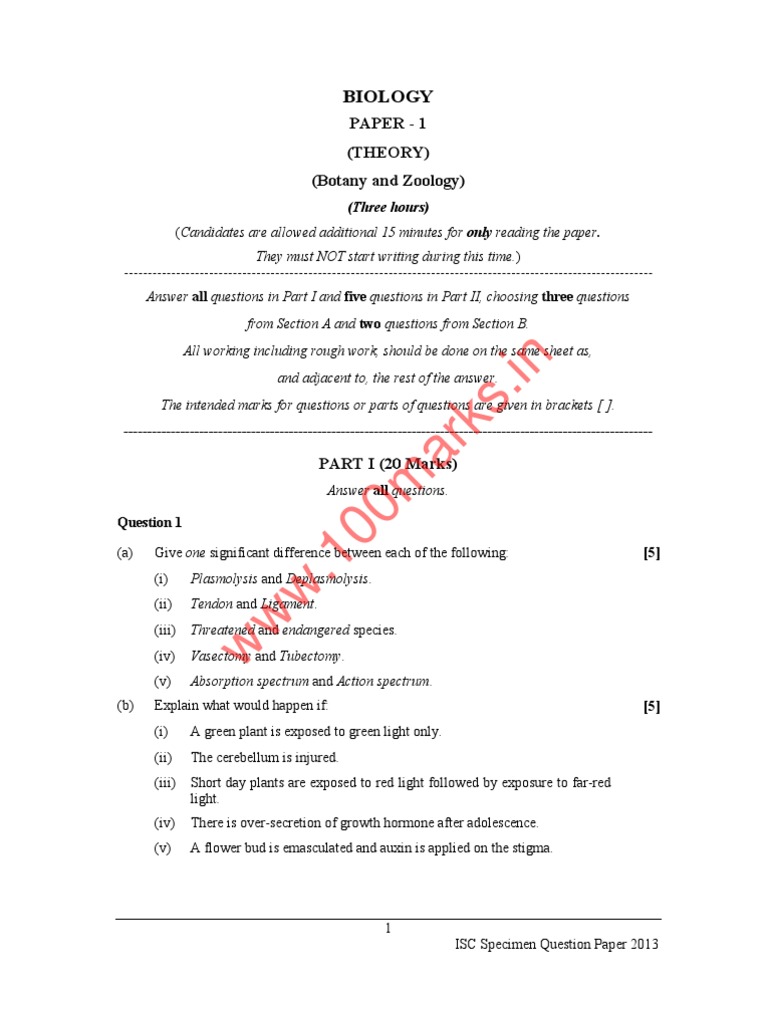 ISC 2013 Biology Specimen Paper Guide | PDF | Biology | Organisms
