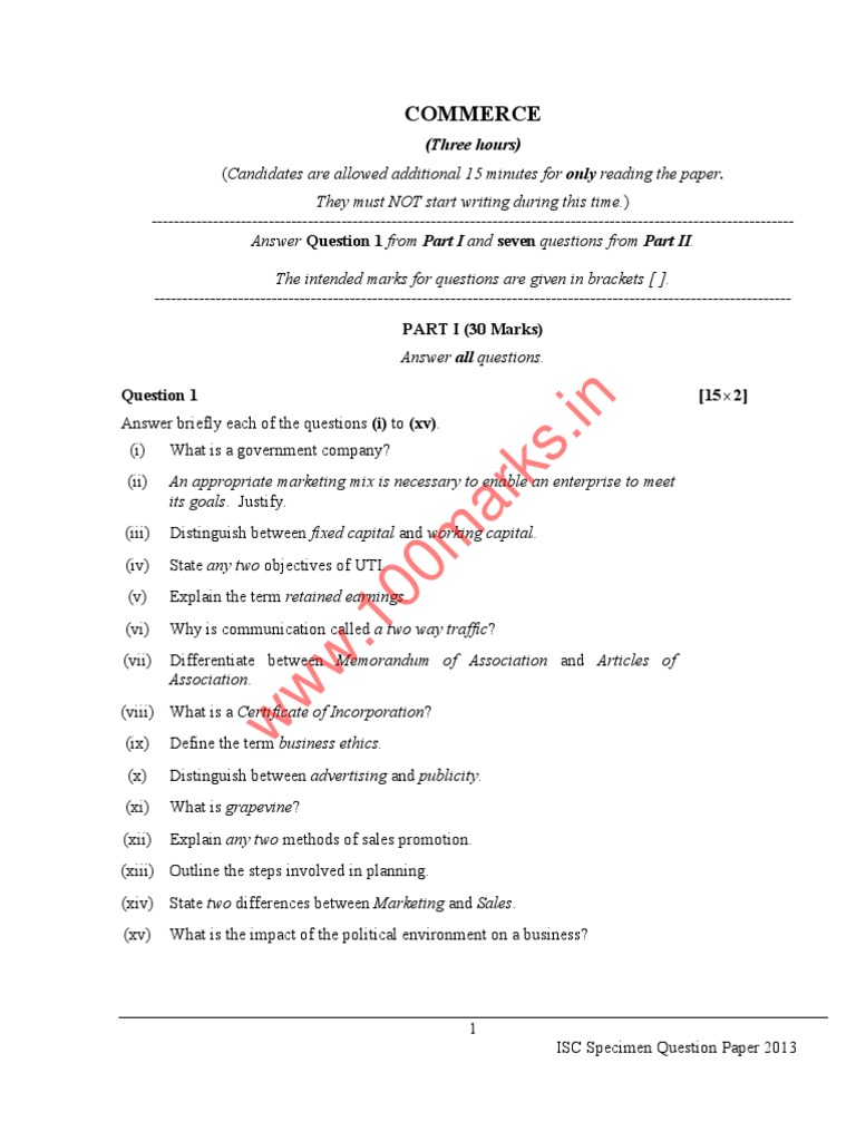 Commerce XII ISC Sample Paper | PDF | Marketing | Business Economics