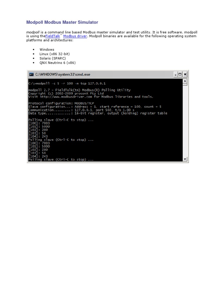 Modpoll Modbus Master Simulator | Data Type | Communications Protocols