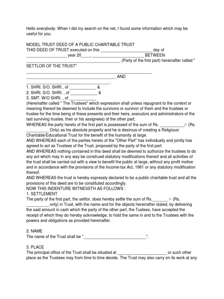 Model Trust Deed for Charitable Trust | PDF