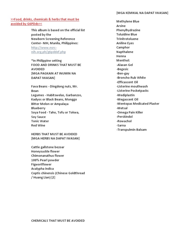 G6PD Deficiency: Foods and Herbs to Avoid | PDF