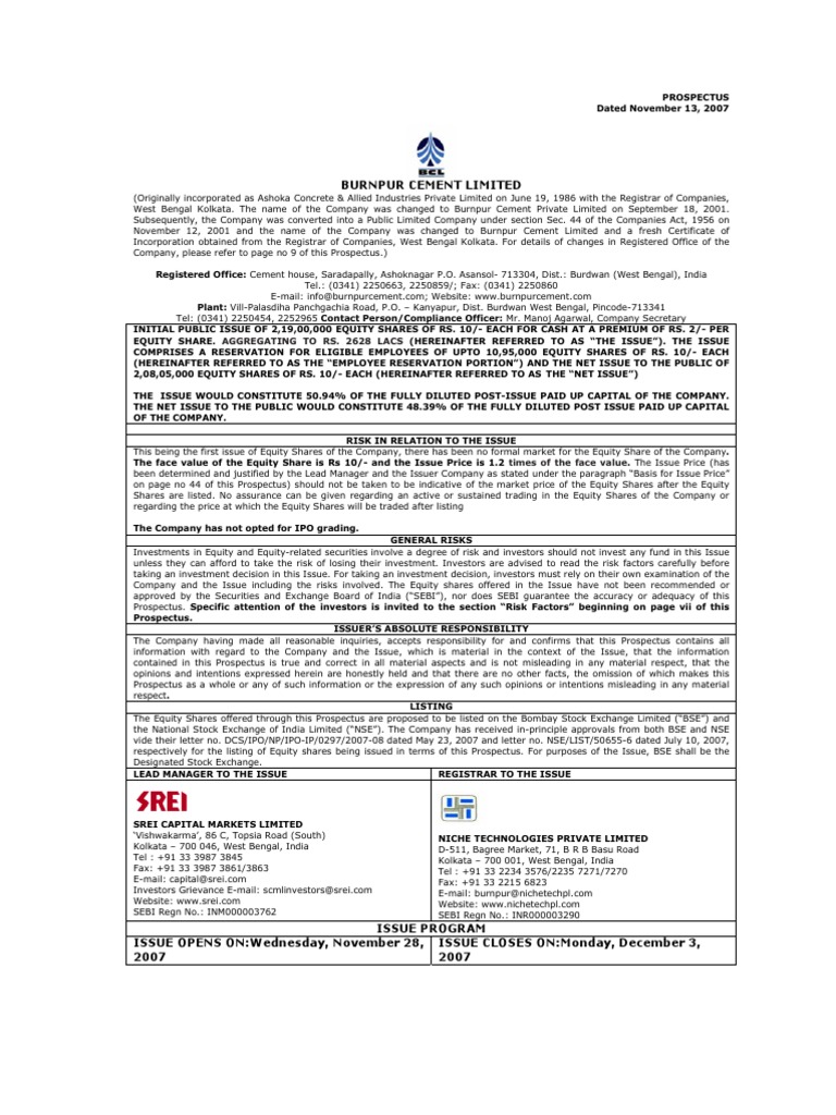 Burnpur Cement IPO Prospectus 2007 | PDF | Stocks | Securities (Finance)