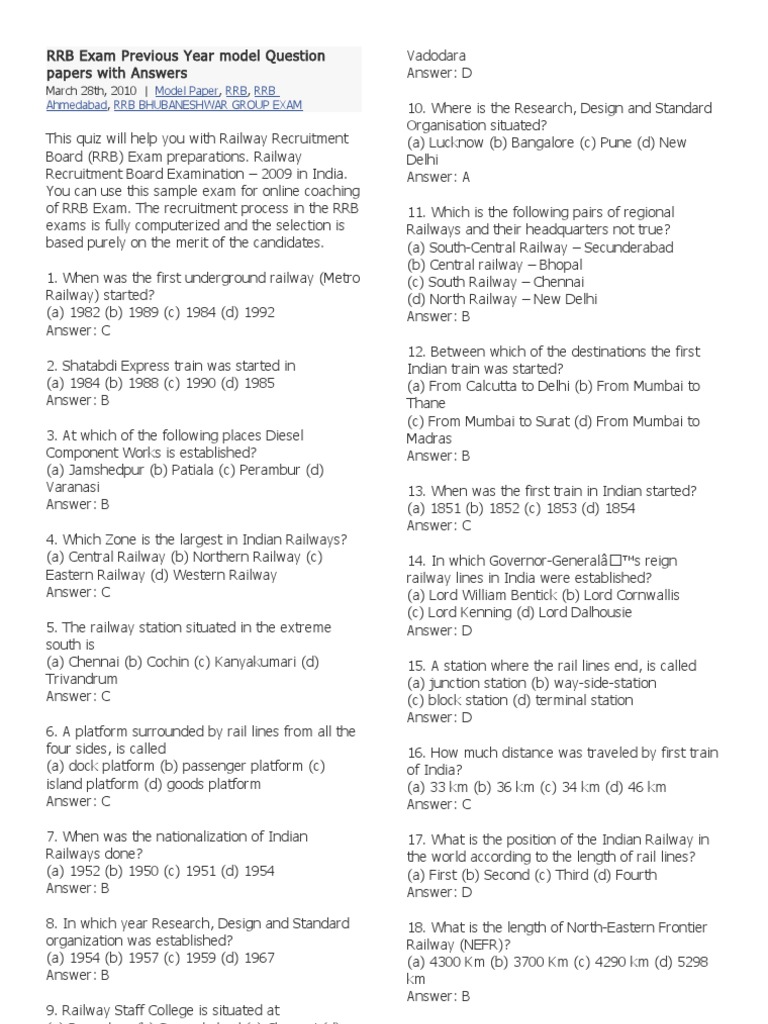 RRB Exam Model Question Papers & Answers | PDF | Track Gauge ...