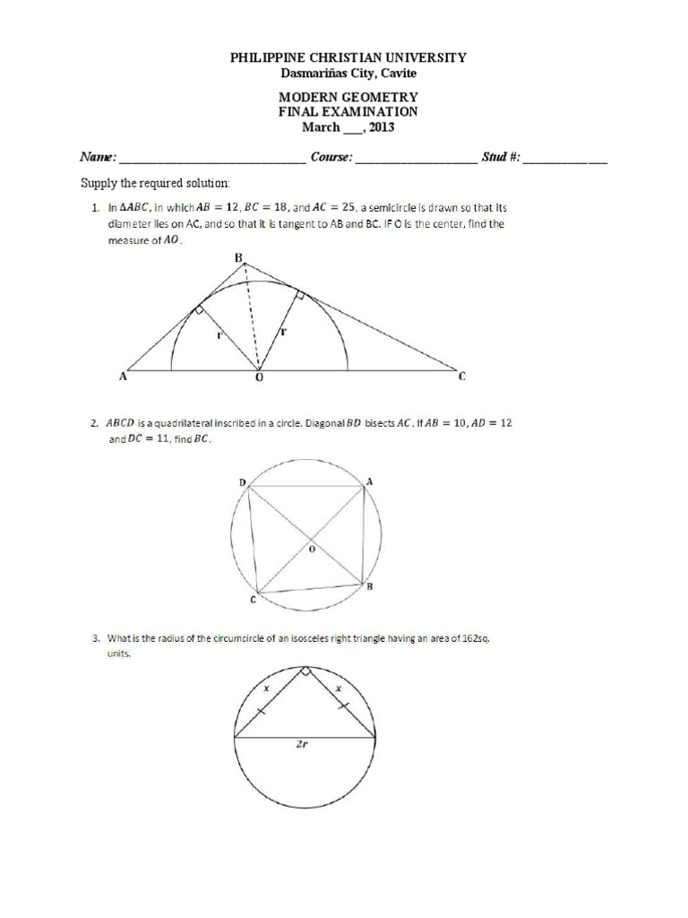 Modern Geometry Final Exam 2013 | PDF | Tests | Schools