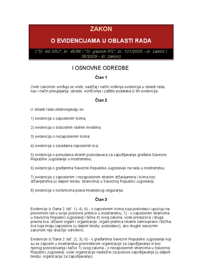 ZAKON o Evidencijama U Oblasti Rada | PDF