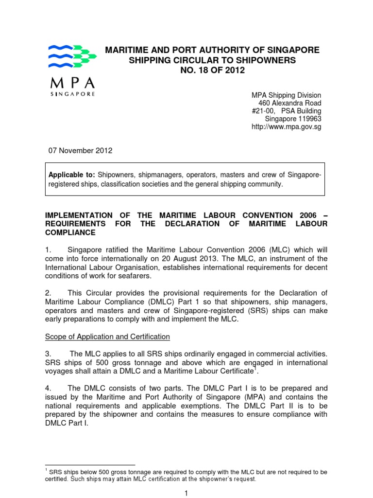 MPA Shipping Circular on MLC 2006 Requirements | PDF | Sea Captain | Sailor