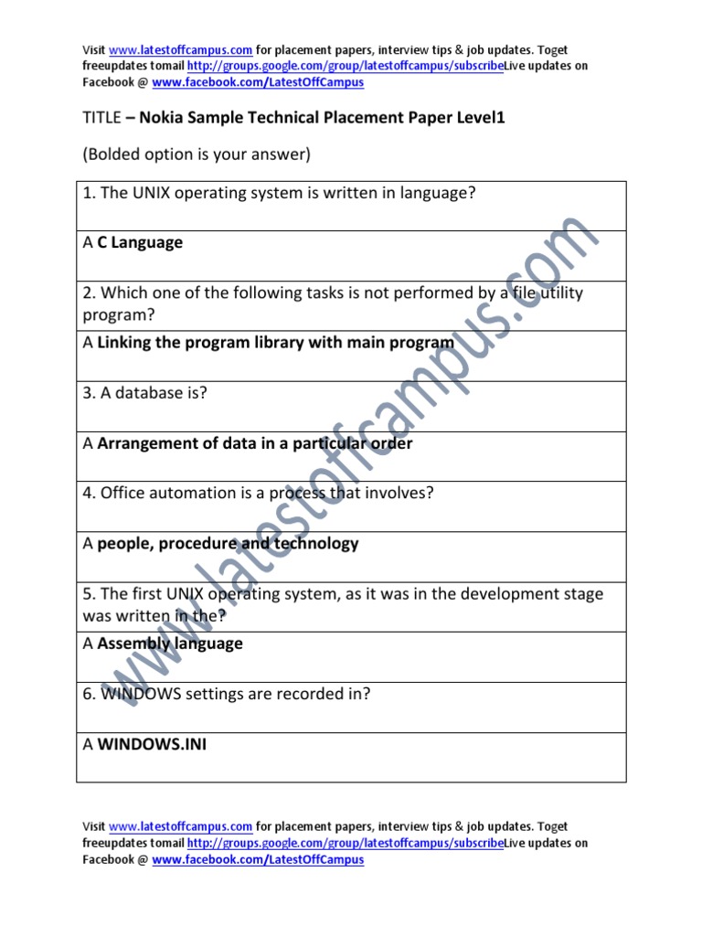 Nokia Sample Technical Placement Paper Level1 | PDF | Operating System ...