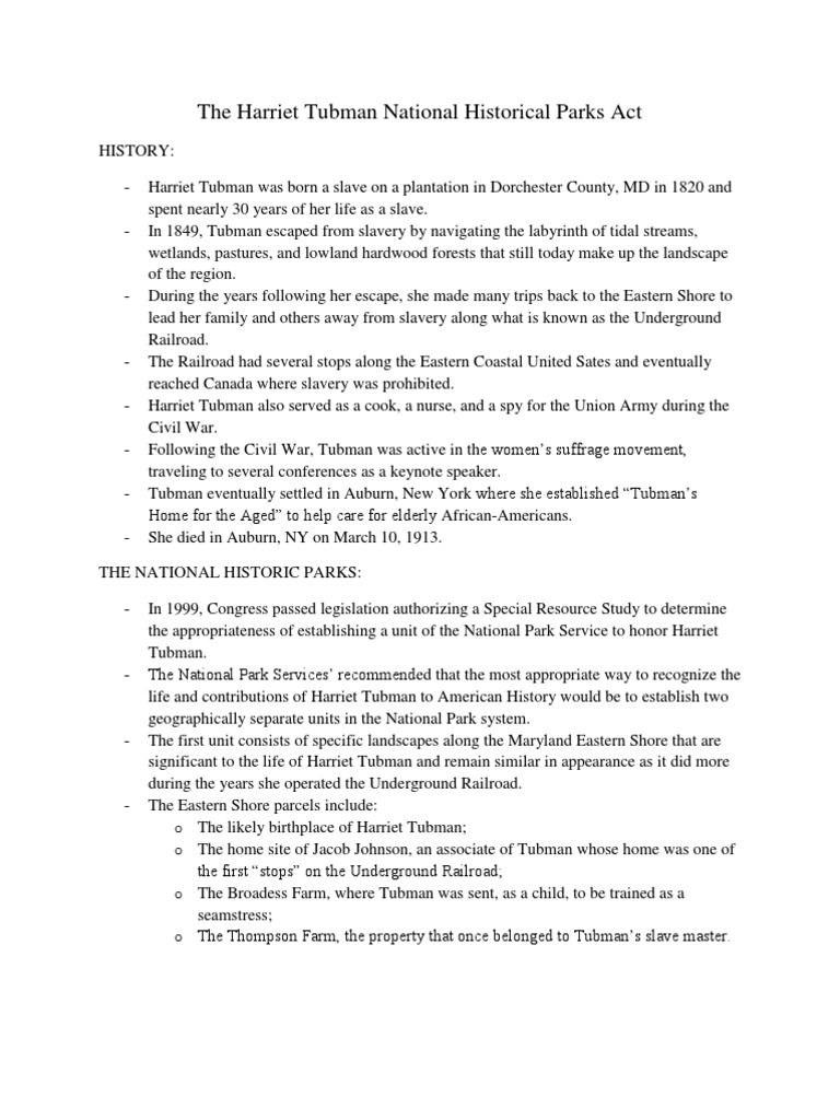 Harriet Tubman National Historical Parks Act Fact Sheet | PDF | Harriet ...