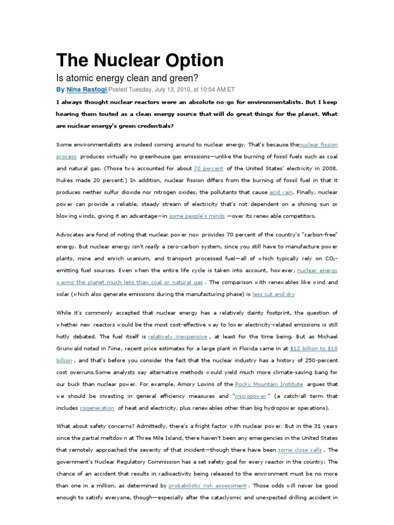 The Nuclear Option: Is Atomic Energy Clean and Green? | PDF | Nuclear ...
