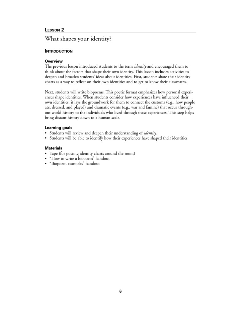 Identity & Community Lesson 2: What Shapes Your Identity? | PDF