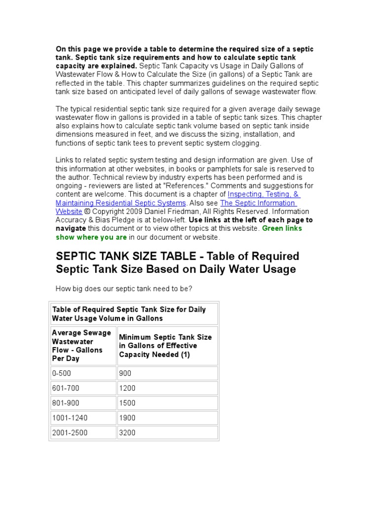 Septic Tank Size Table | PDF | Volume | Septic Tank